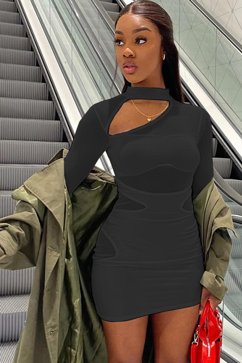 High Neck Hollow Mesh Patchwork Mini Dress – WELENY